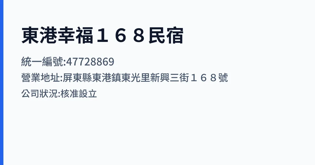 東港幸福１６８民宿 - 統編 47728869(屏東縣) 公司登記資料與營業項目詳細圖表