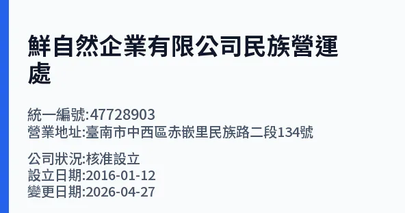 鮮自然企業有限公司民族營運處的照片-統編 47728903(臺南市) 公司登記資料與營業項目詳細圖表