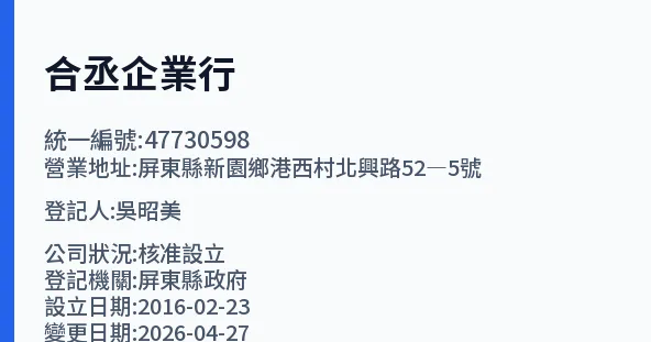 合丞企業行的照片-統編 47730598(屏東縣) 公司登記資料與營業項目詳細圖表