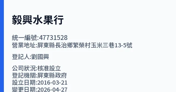 毅興水果行的照片-統編 47731528(屏東縣) 公司登記資料與營業項目詳細圖表