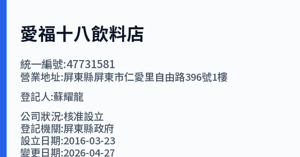 愛福十八飲料店的照片-統編 47731581(屏東縣) 公司登記資料與營業項目詳細圖表