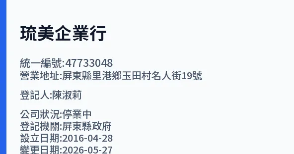 琉美企業行的照片-統編 47733048(屏東縣) 公司登記資料與營業項目詳細圖表