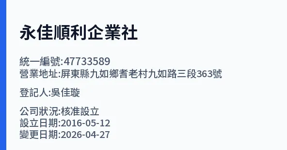 永佳順利企業社的照片-統編 47733589(屏東縣) 公司登記資料與營業項目詳細圖表