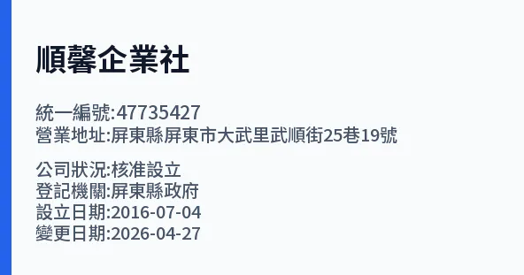 順馨企業社的照片-統編 47735427(屏東縣) 公司登記資料與營業項目詳細圖表