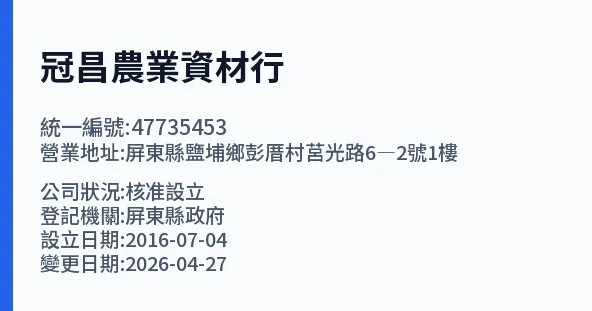 冠昌農業資材行的照片-統編 47735453(屏東縣) 公司登記資料與營業項目詳細圖表