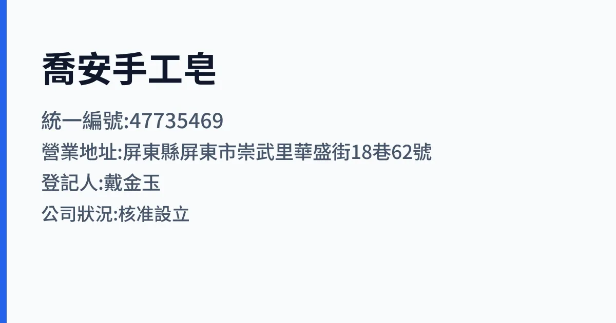 喬安手工皂 - 統編 47735469(屏東縣) 公司登記資料與營業項目詳細圖表