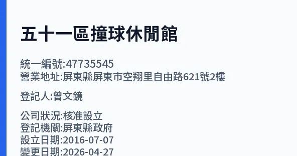 五十一區撞球休閒館的照片-統編 47735545(屏東縣) 公司登記資料與營業項目詳細圖表