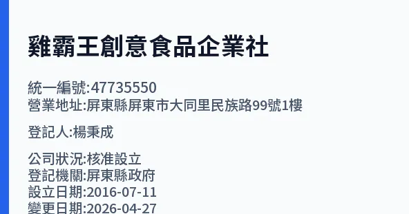 雞霸王創意食品企業社的照片-統編 47735550(屏東縣) 公司登記資料與營業項目詳細圖表
