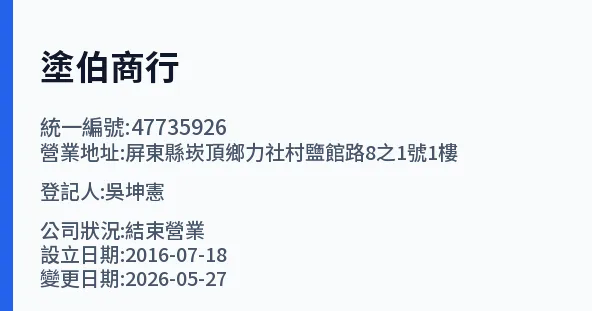 塗伯商行的照片-統編 47735926(屏東縣) 公司登記資料與營業項目詳細圖表