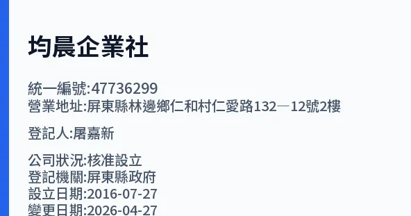 均晨企業社的照片-統編 47736299(屏東縣) 公司登記資料與營業項目詳細圖表