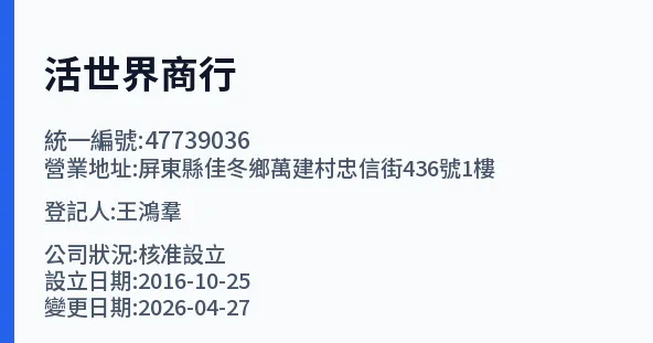 活世界商行的照片-統編 47739036(屏東縣) 公司登記資料與營業項目詳細圖表