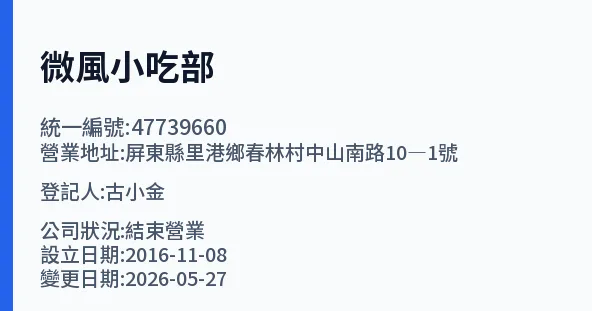 微風小吃部的照片-統編 47739660(屏東縣) 公司登記資料與營業項目詳細圖表