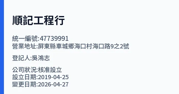 順記工程行的照片-統編 47739991(屏東縣) 公司登記資料與營業項目詳細圖表