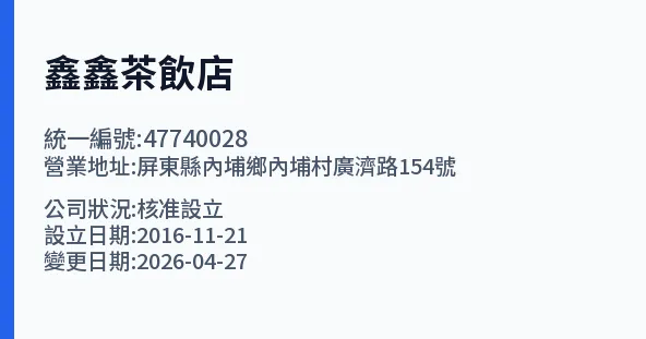 鑫鑫茶飲店的照片-統編 47740028(屏東縣) 公司登記資料與營業項目詳細圖表