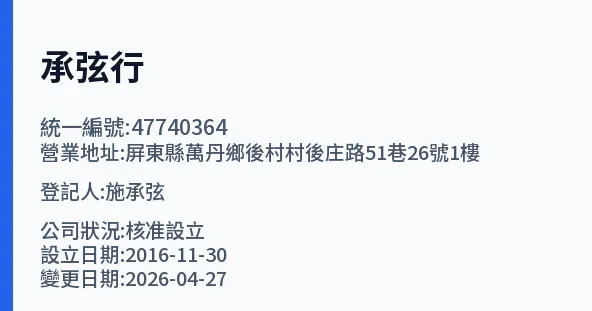 承弦行的照片-統編 47740364(屏東縣) 公司登記資料與營業項目詳細圖表