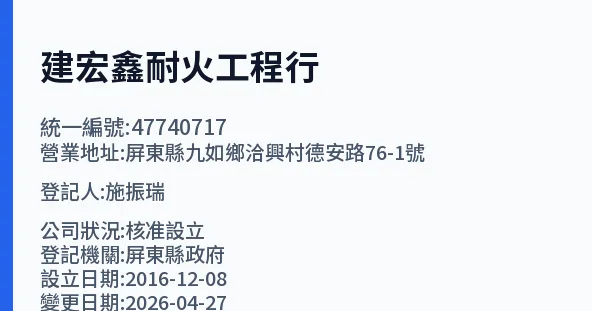 建宏鑫耐火工程行的照片-統編 47740717(屏東縣) 公司登記資料與營業項目詳細圖表
