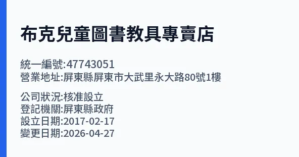 布克兒童圖書教具專賣店的照片-統編 47743051(屏東縣) 公司登記資料與營業項目詳細圖表