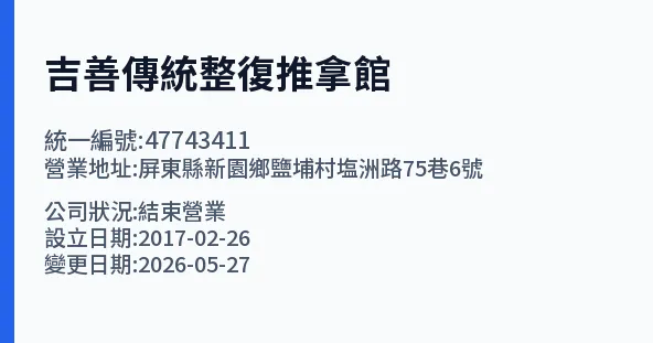 吉善傳統整復推拿館的照片-統編 47743411(屏東縣) 公司登記資料與營業項目詳細圖表