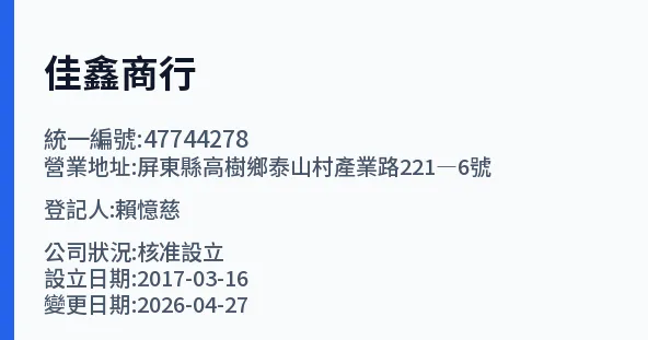 佳鑫商行的照片-統編 47744278(屏東縣) 公司登記資料與營業項目詳細圖表