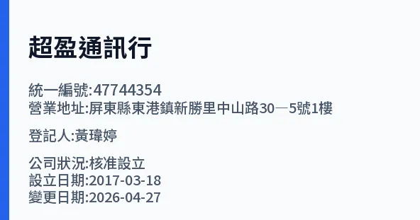 超盈通訊行的照片-統編 47744354(屏東縣) 公司登記資料與營業項目詳細圖表