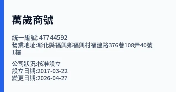 萬歲商號的照片-統編 47744592(彰化縣) 公司登記資料與營業項目詳細圖表