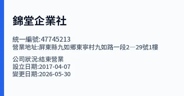 錦堂企業社的照片-統編 47745213(屏東縣) 公司登記資料與營業項目詳細圖表