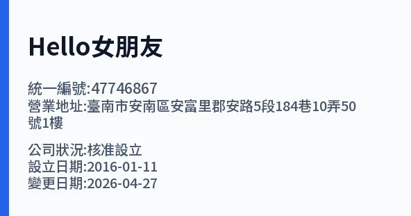 Hello女朋友的照片-統編 47746867(臺南市) 公司登記資料與營業項目詳細圖表