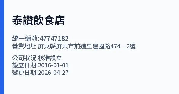 泰讚飲食店的照片-統編 47747182(屏東縣) 公司登記資料與營業項目詳細圖表