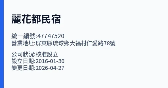 麗花都民宿的照片-統編 47747520(屏東縣) 公司登記資料與營業項目詳細圖表