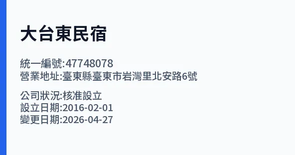 大台東民宿的照片-統編 47748078(臺東縣) 公司登記資料與營業項目詳細圖表