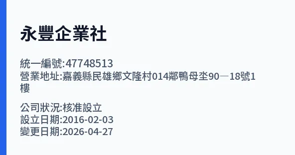 永豐企業社的照片-統編 47748513(嘉義縣) 公司登記資料與營業項目詳細圖表