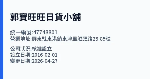 郭寶旺旺日貨小舖的照片-統編 47748801(屏東縣) 公司登記資料與營業項目詳細圖表