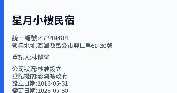 星月小樓民宿的照片-統編 47749484(澎湖縣) 公司登記資料與營業項目詳細圖表