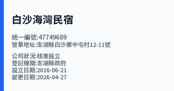 白沙海灣民宿的照片-統編 47749689(澎湖縣) 公司登記資料與營業項目詳細圖表
