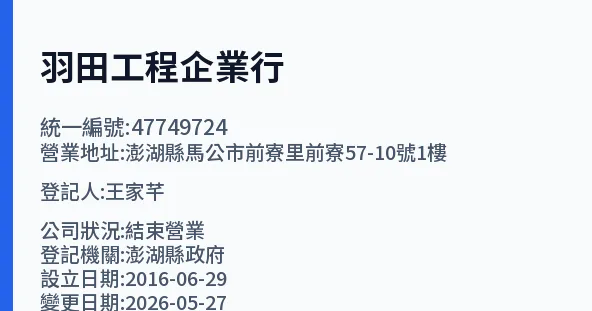 羽田工程企業行的照片-統編 47749724(澎湖縣) 公司登記資料與營業項目詳細圖表