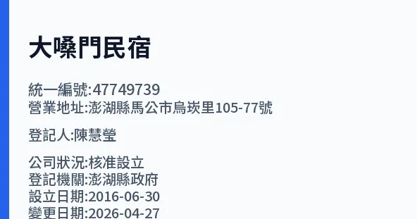 大嗓門民宿的照片-統編 47749739(澎湖縣) 公司登記資料與營業項目詳細圖表