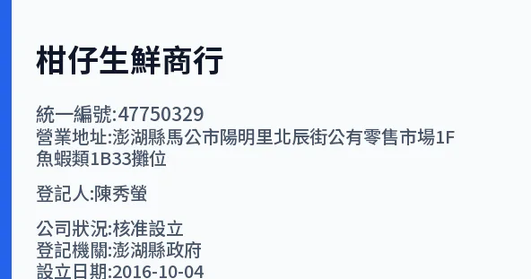 柑仔生鮮商行的照片-統編 47750329(澎湖縣) 公司登記資料與營業項目詳細圖表