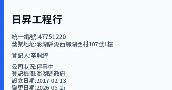 日昇工程行的照片-統編 47751220(澎湖縣) 公司登記資料與營業項目詳細圖表