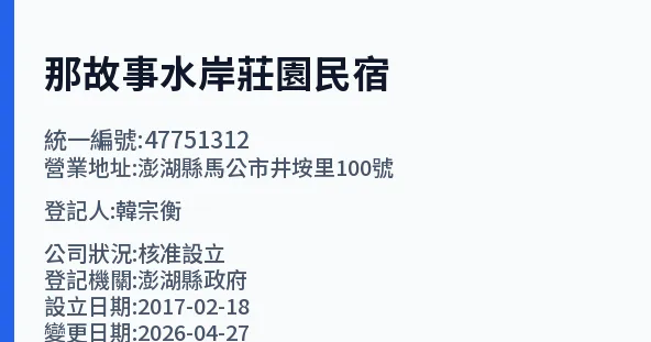 那故事水岸莊園民宿的照片-統編 47751312(澎湖縣) 公司登記資料與營業項目詳細圖表