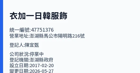 衣加一日韓服飾的照片-統編 47751376(澎湖縣) 公司登記資料與營業項目詳細圖表