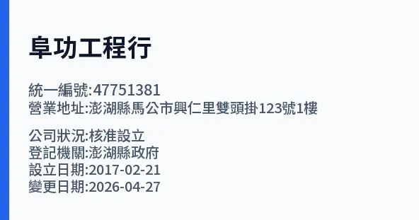阜功工程行的照片-統編 47751381(澎湖縣) 公司登記資料與營業項目詳細圖表