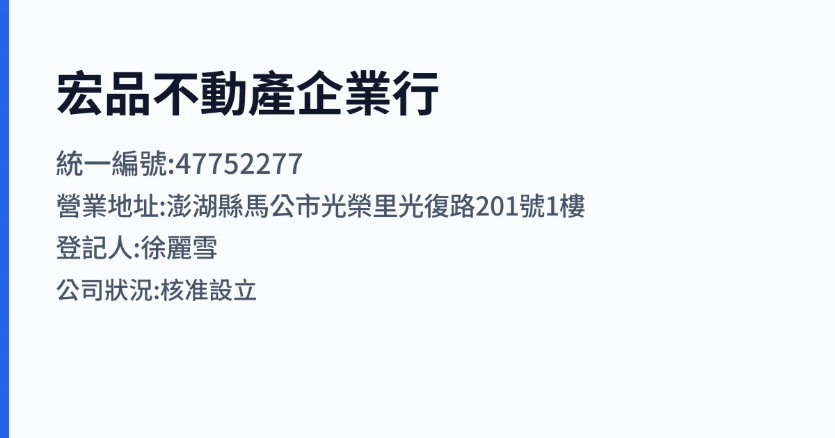宏品不動產企業行 - 統編 47752277(澎湖縣) 公司登記資料與營業項目詳細圖表