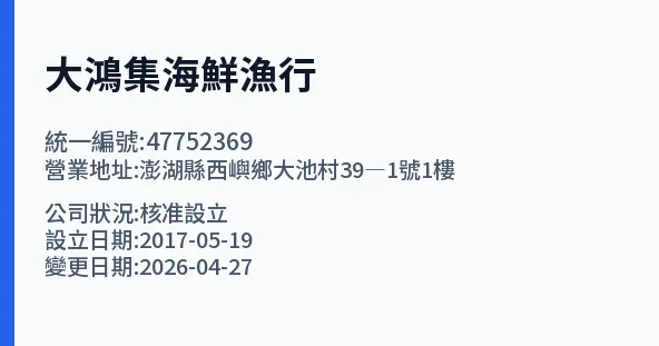 大鴻集海鮮漁行的照片-統編 47752369(澎湖縣) 公司登記資料與營業項目詳細圖表
