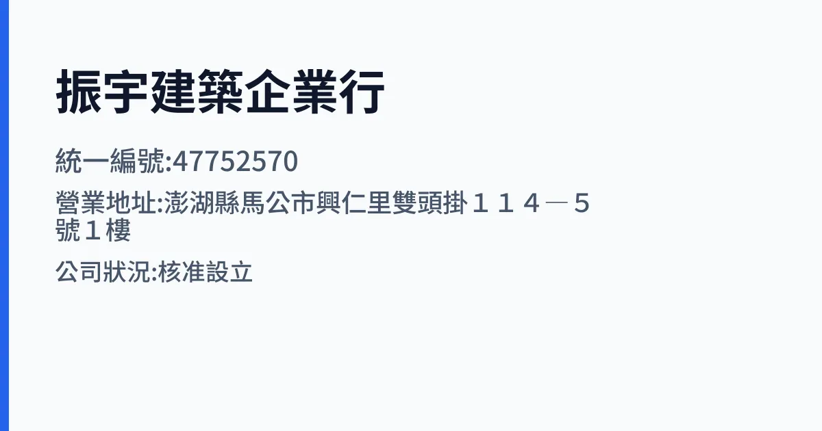 振宇建築企業行 - 統編 47752570(澎湖縣) 公司登記資料與營業項目詳細圖表