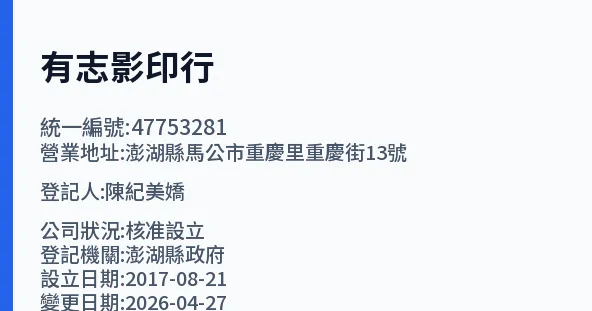 有志影印行的照片-統編 47753281(澎湖縣) 公司登記資料與營業項目詳細圖表