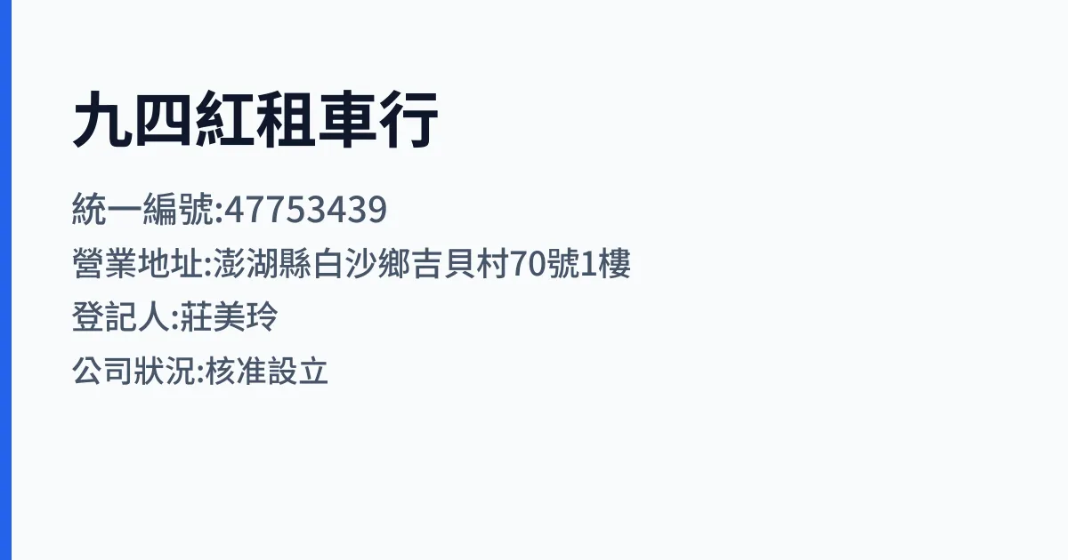 九四紅租車行 - 統編 47753439(澎湖縣) 公司登記資料與營業項目詳細圖表