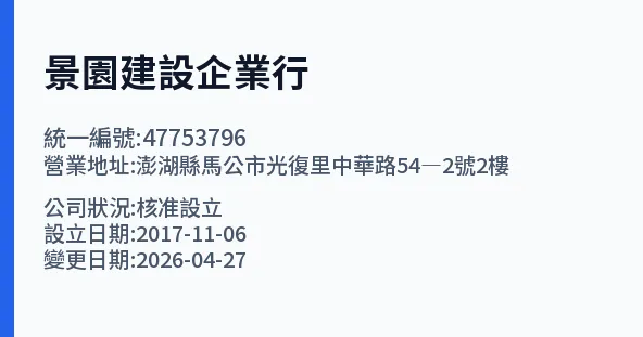 景園建設企業行的照片-統編 47753796(澎湖縣) 公司登記資料與營業項目詳細圖表