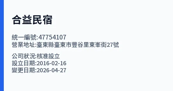 合益民宿的照片-統編 47754107(臺東縣) 公司登記資料與營業項目詳細圖表