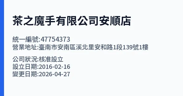 茶之魔手有限公司安順店的照片-統編 47754373(臺南市) 公司登記資料與營業項目詳細圖表