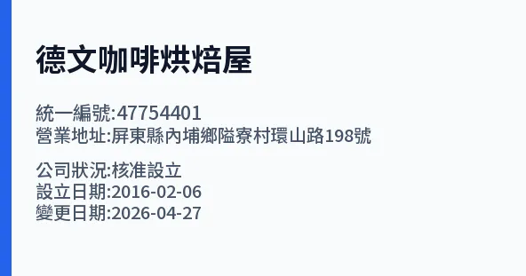 德文咖啡烘焙屋的照片-統編 47754401(屏東縣) 公司登記資料與營業項目詳細圖表